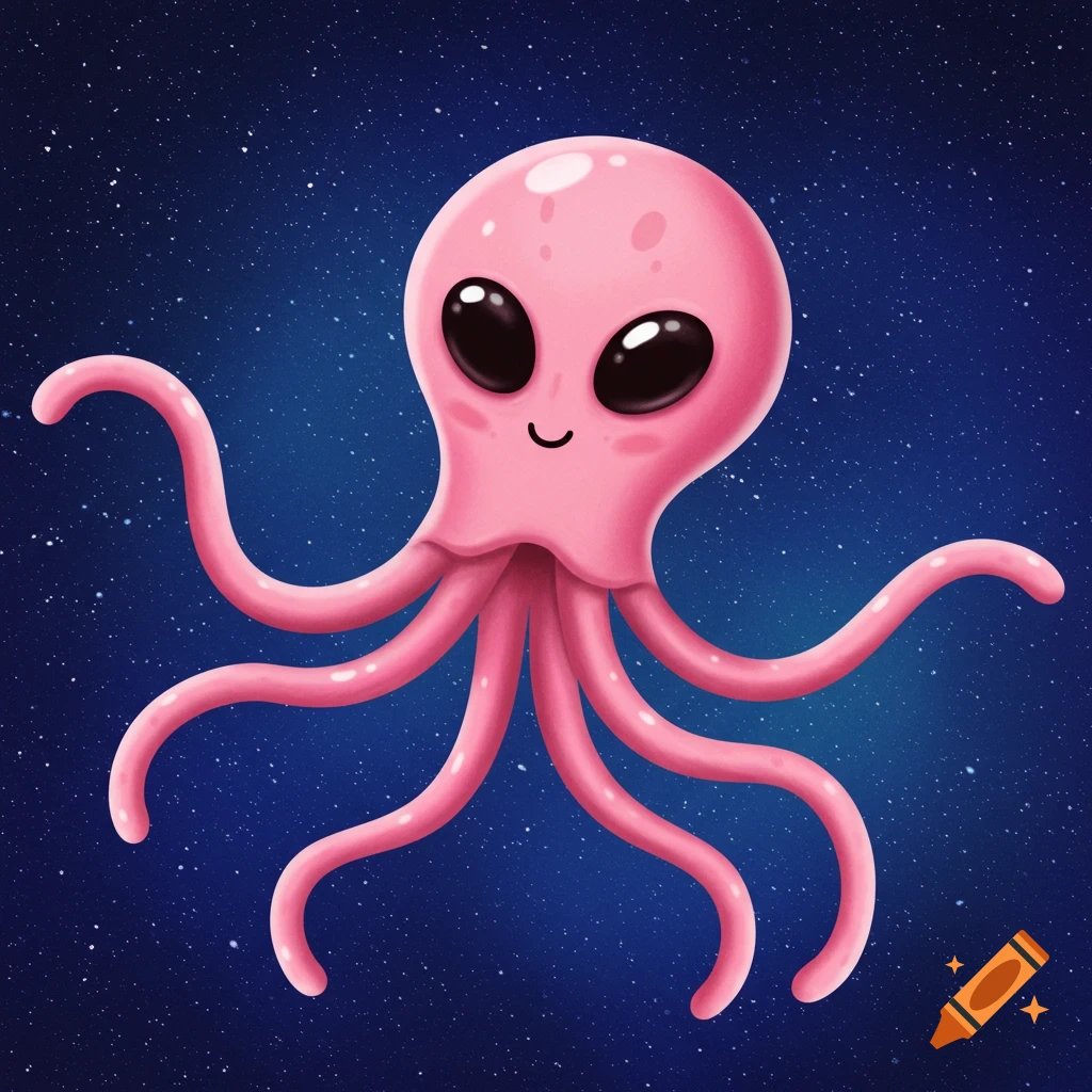 A pink cartoon alien octopus floats in a starry blue space background ...