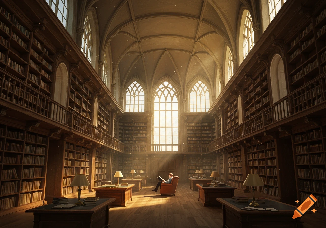Grand library with tall bookshelves, arched windows, and a person ...