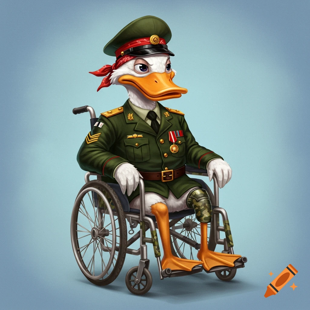 A cartoon duck in a military uniform sits in a wheelchair. on Craiyon