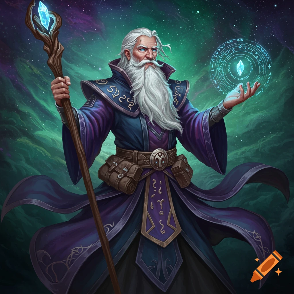 Old wizard with staff and glowing crystal conjuring magic in a cosmic ...