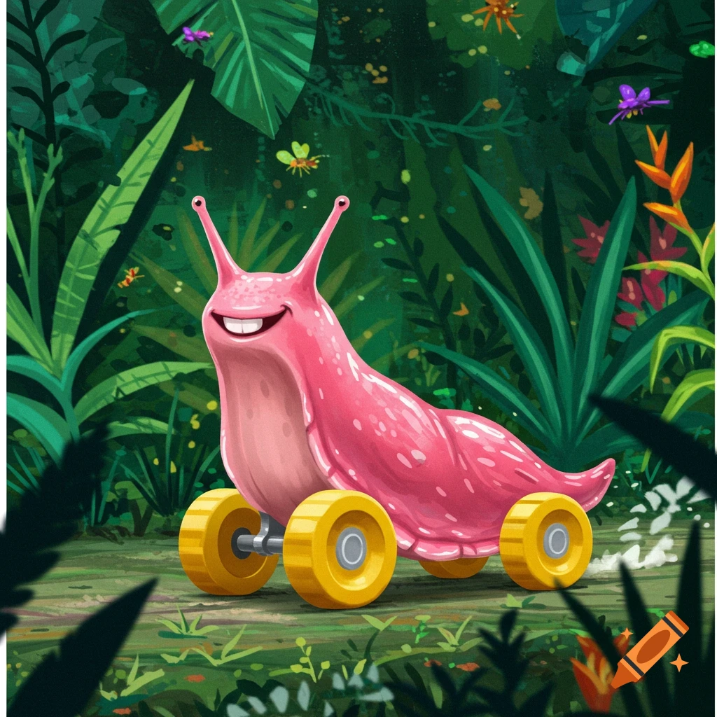 A pink slug rides on yellow wheels through a lush green jungle in a vibrant illustration. on Craiyon