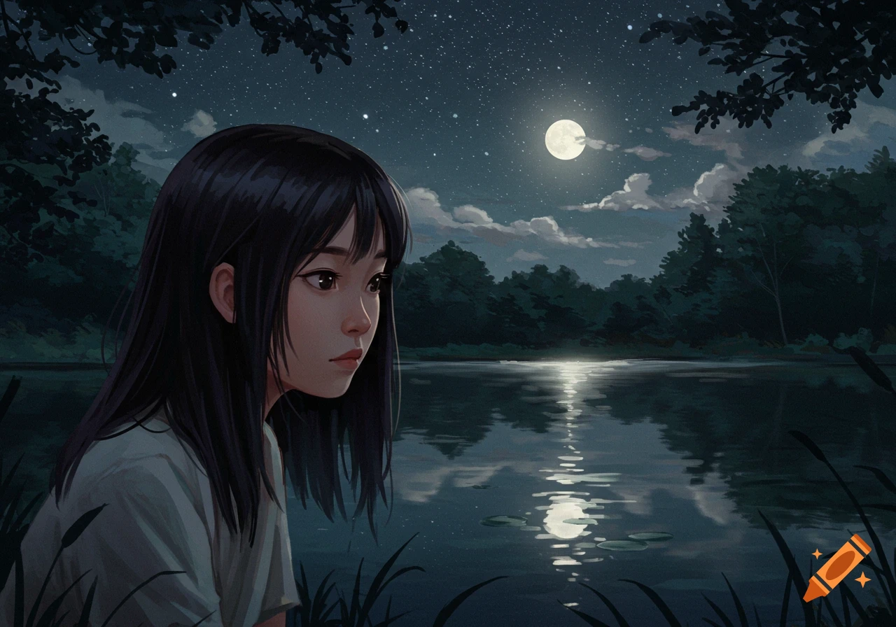 Illustration of an asian girl looking at a moonlit lake at night on Craiyon
