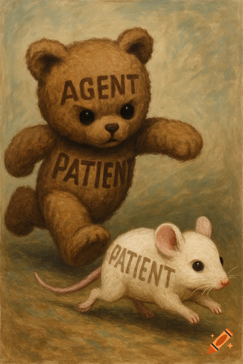 A teddy bear with 'AGENT' and 'PATIENT' text chasing a white mouse with ...