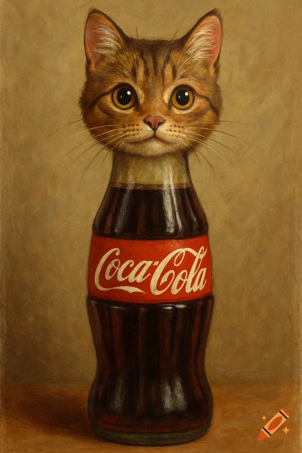Whimsical painting of a tabby cat head on a Coca-Cola bottle. on Craiyon
