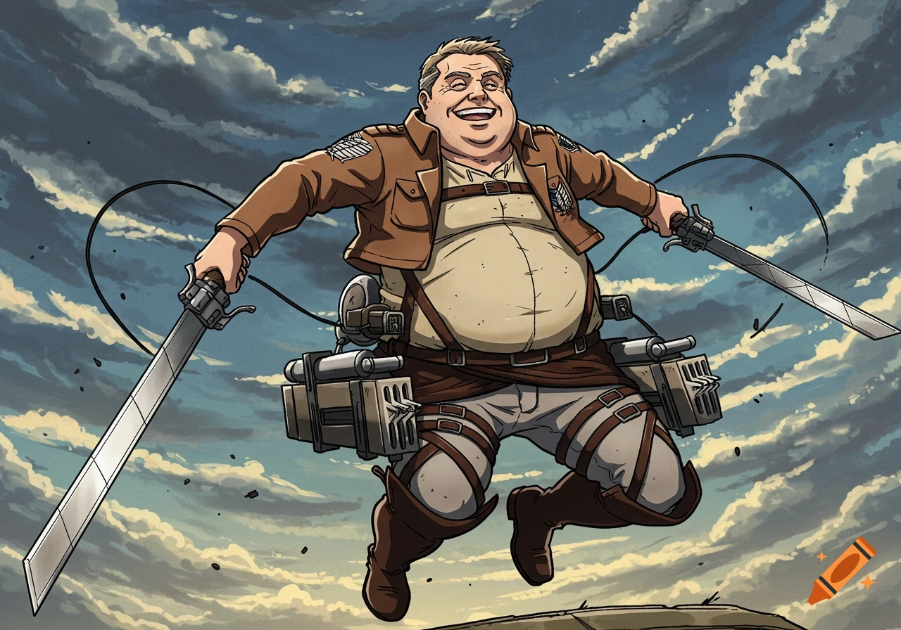 Illustration of a fat man in Attack on Titan scout gear flying through ...