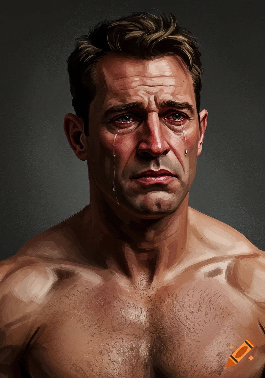 Digital painting of a bare-chested muscular man crying. on Craiyon