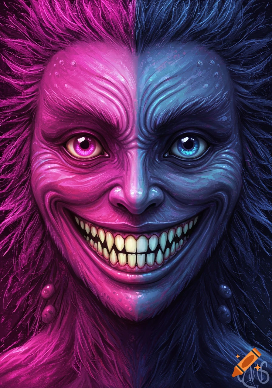 Close-up digital illustration of a monster's face split vertically, one ...