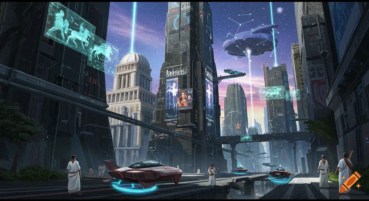 Futuristic city blending Roman architecture with flying vehicles ...