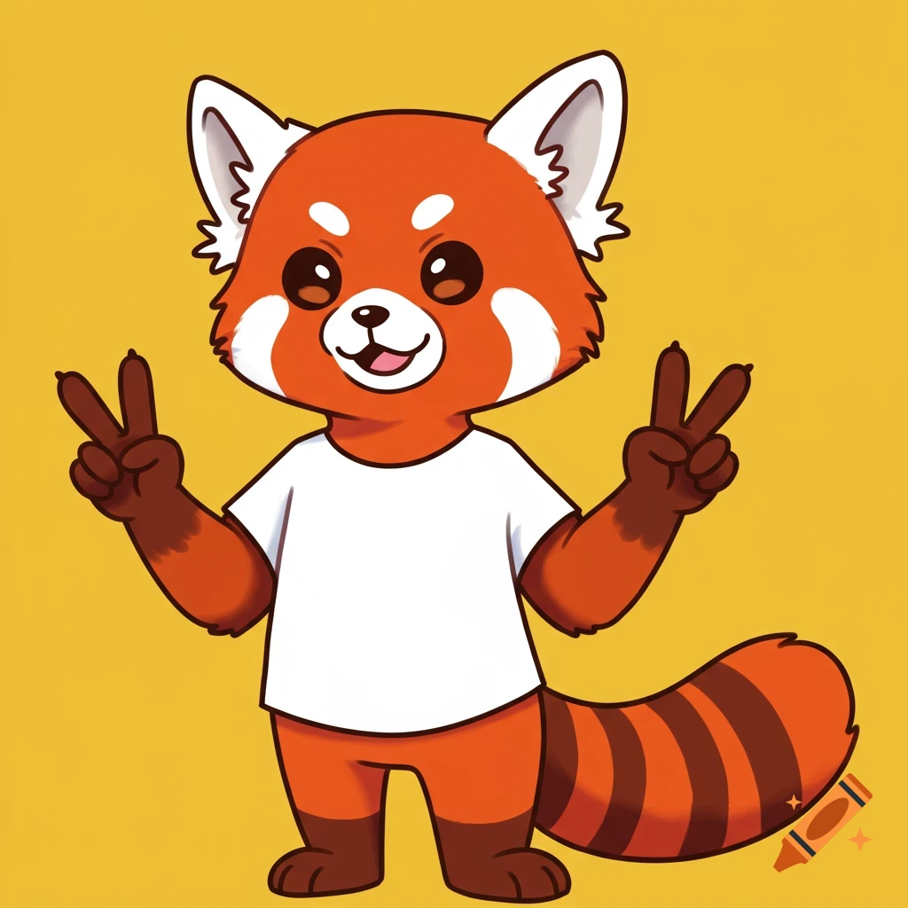 A cartoon red panda in a white shirt stands and gives peace signs with ...