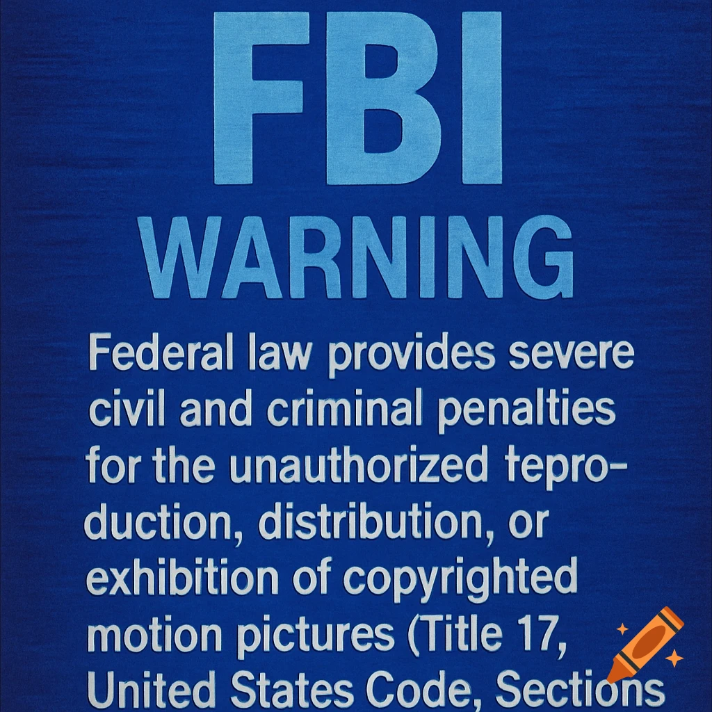 A blue screen with white text displaying an FBI WARNING about copyright ...
