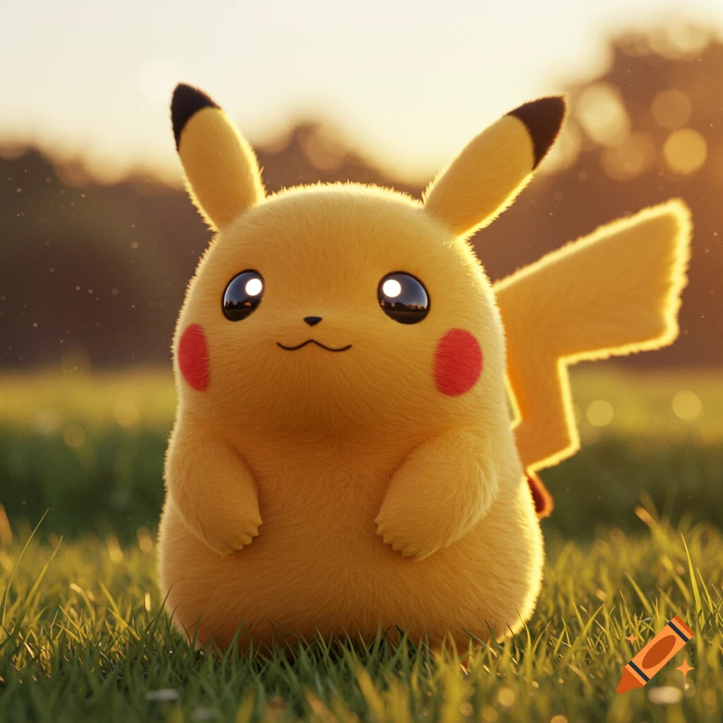 Cute fluffy Pikachu standing in a grassy field on Craiyon