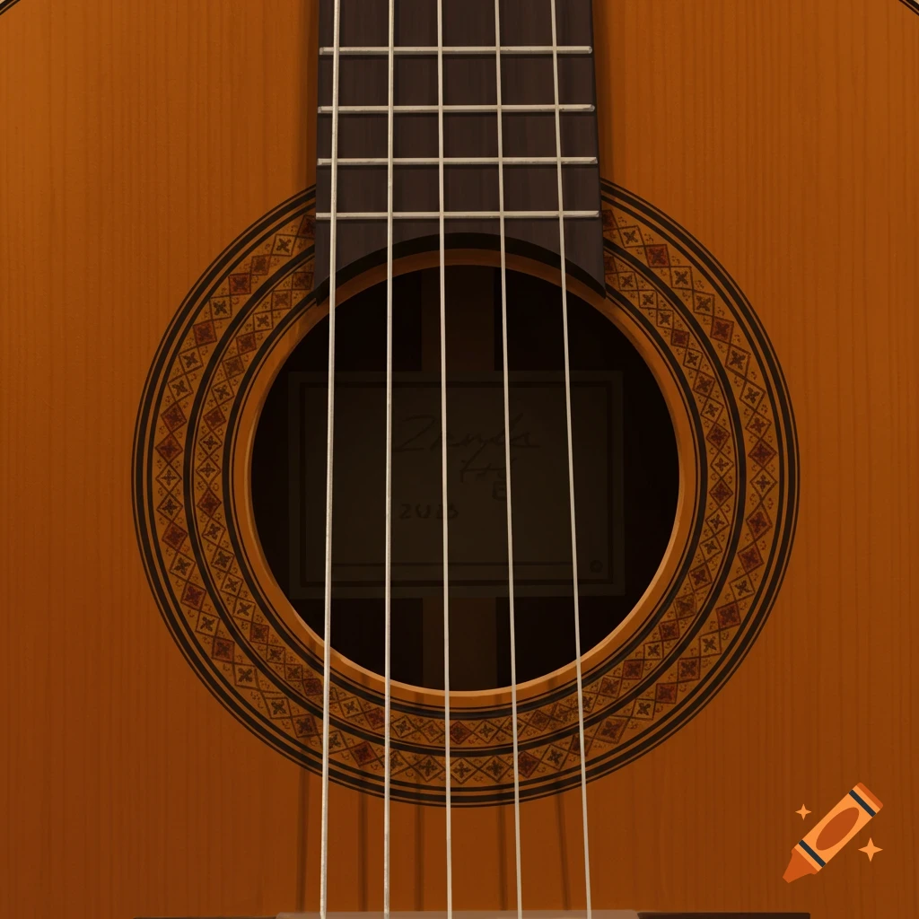 Close-up of a classical guitar soundhole with a geometric rosette and strings. on Craiyon