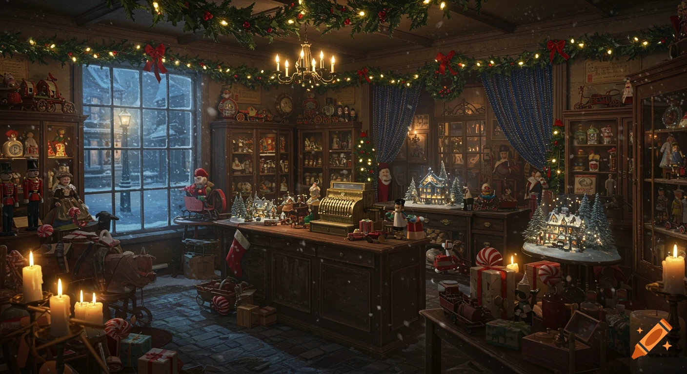 Detailed photorealistic image of a Victorian Christmas toy shop ...