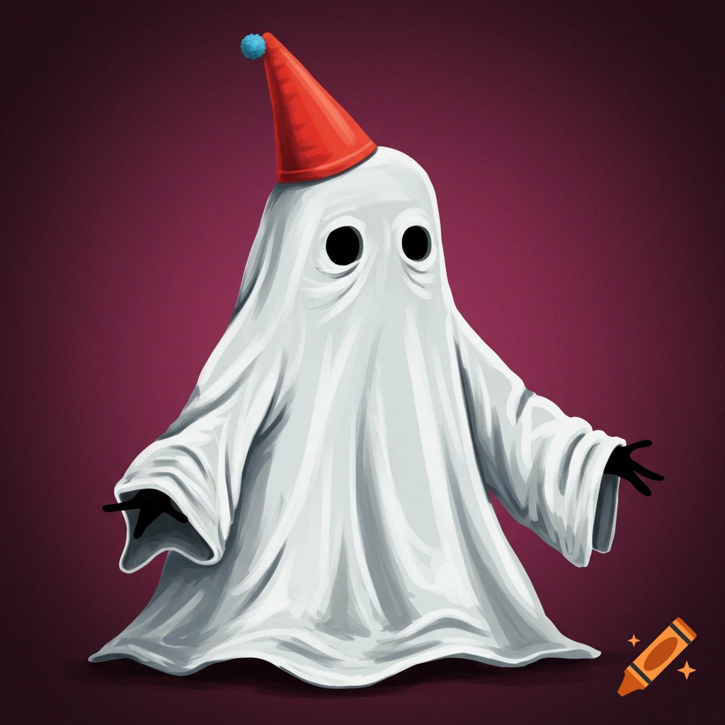 A ghost character wearing a red party hat with a blue puff. on Craiyon