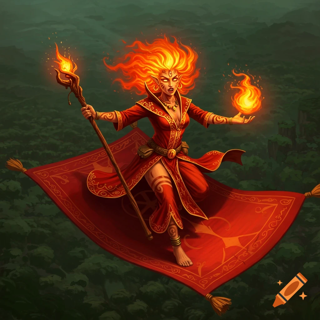 A fire sorceress with flaming hair flies on a red magic carpet over a ...