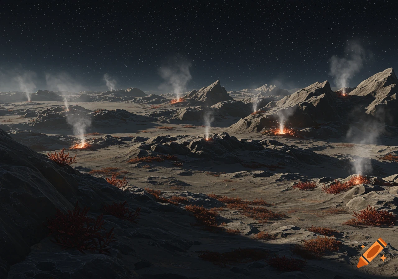 Rocky grey planet surface with steaming geysers under a starry night ...