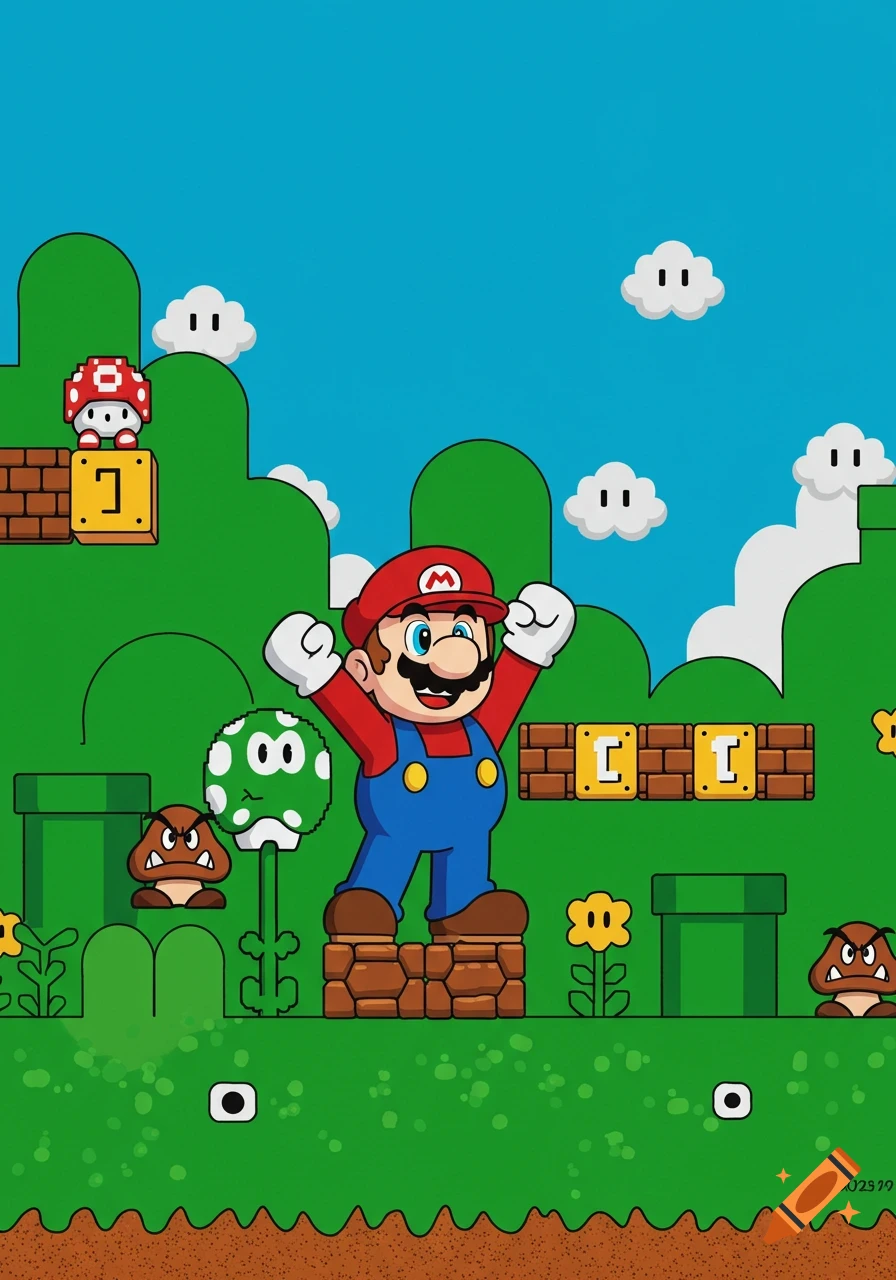 Mario stands in a classic Super Mario level with Goombas, blocks, and ...