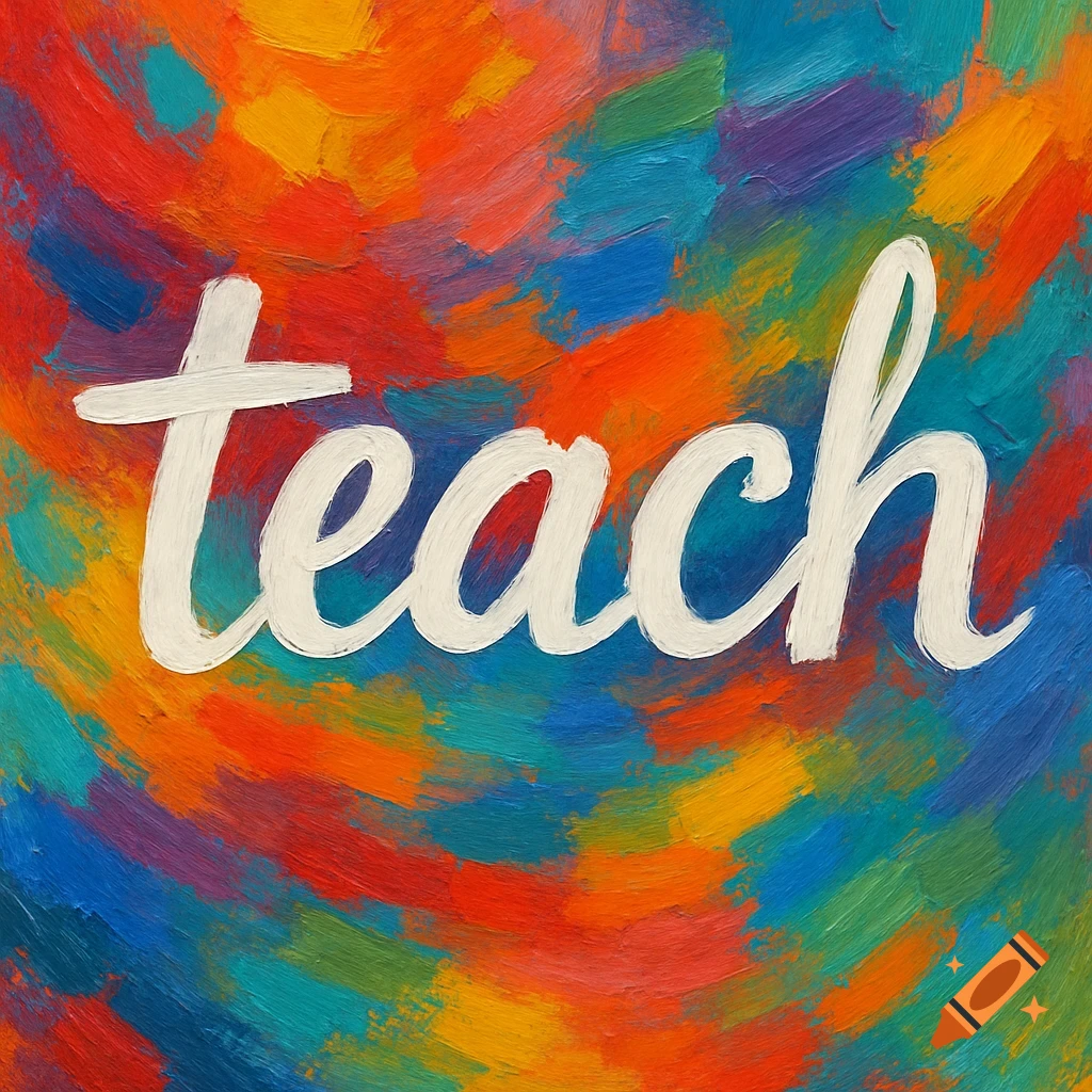 The word teach in white cursive letters on a colorful abstract paint ...