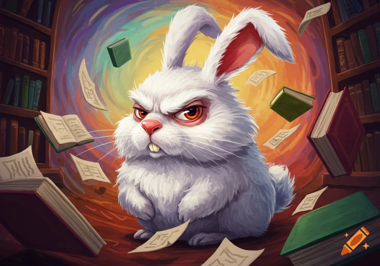 Angry white rabbit surrounded by flying books and papers in a library ...