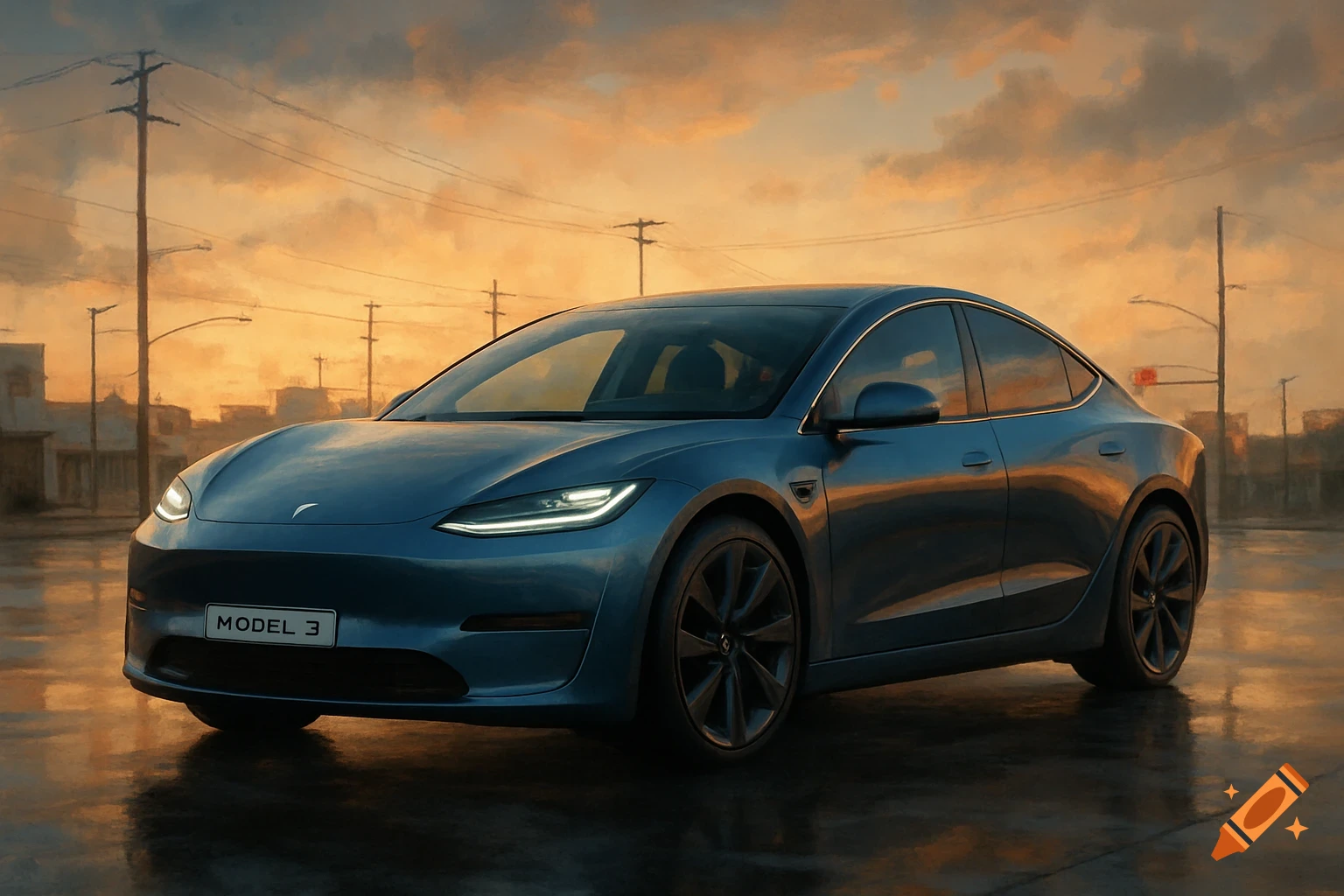 A blue Tesla Model 3 parked on a wet street under a vibrant sunset sky ...