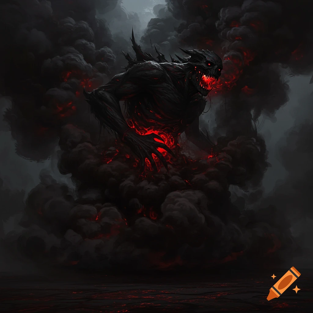 A large, dark monstrous figure with glowing red eyes and claws rises from black and red smoke ...