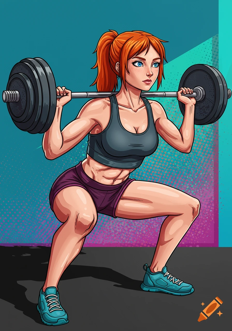 Illustration of a red-haired woman doing squats with a barbell on Craiyon