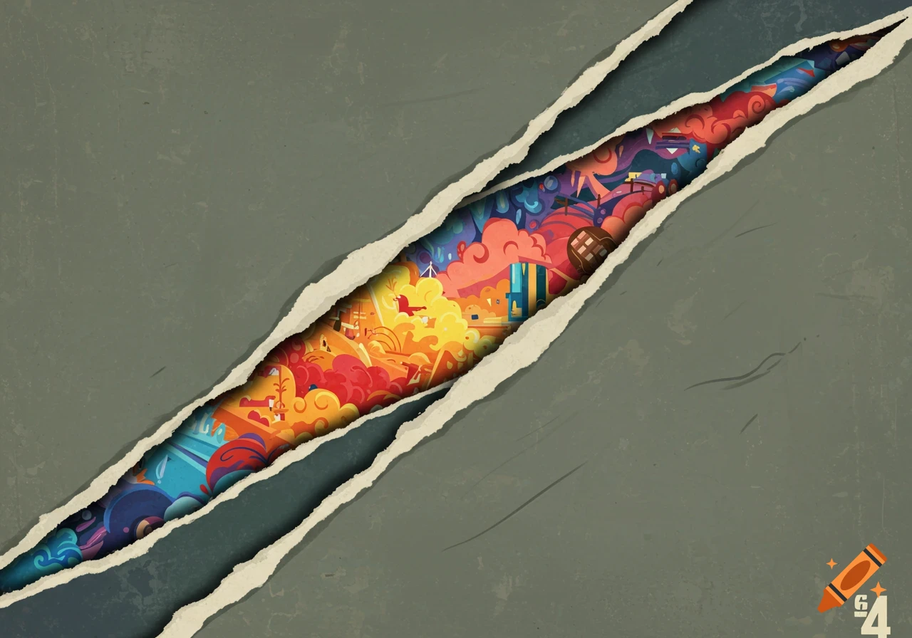 Illustration of a colorful abstract scene revealed through a diagonal ...