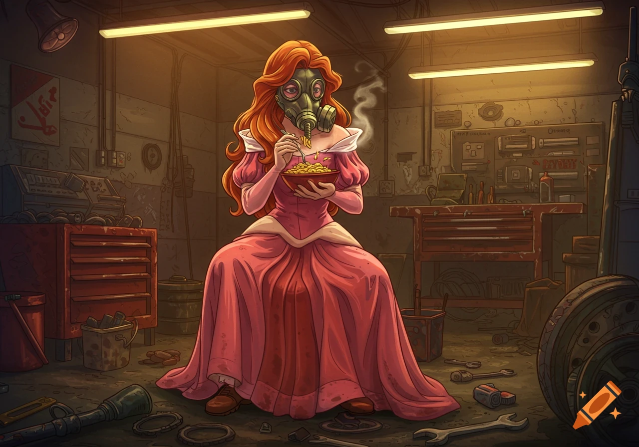 A princess-like character wearing a gas mask sits in a cluttered ...