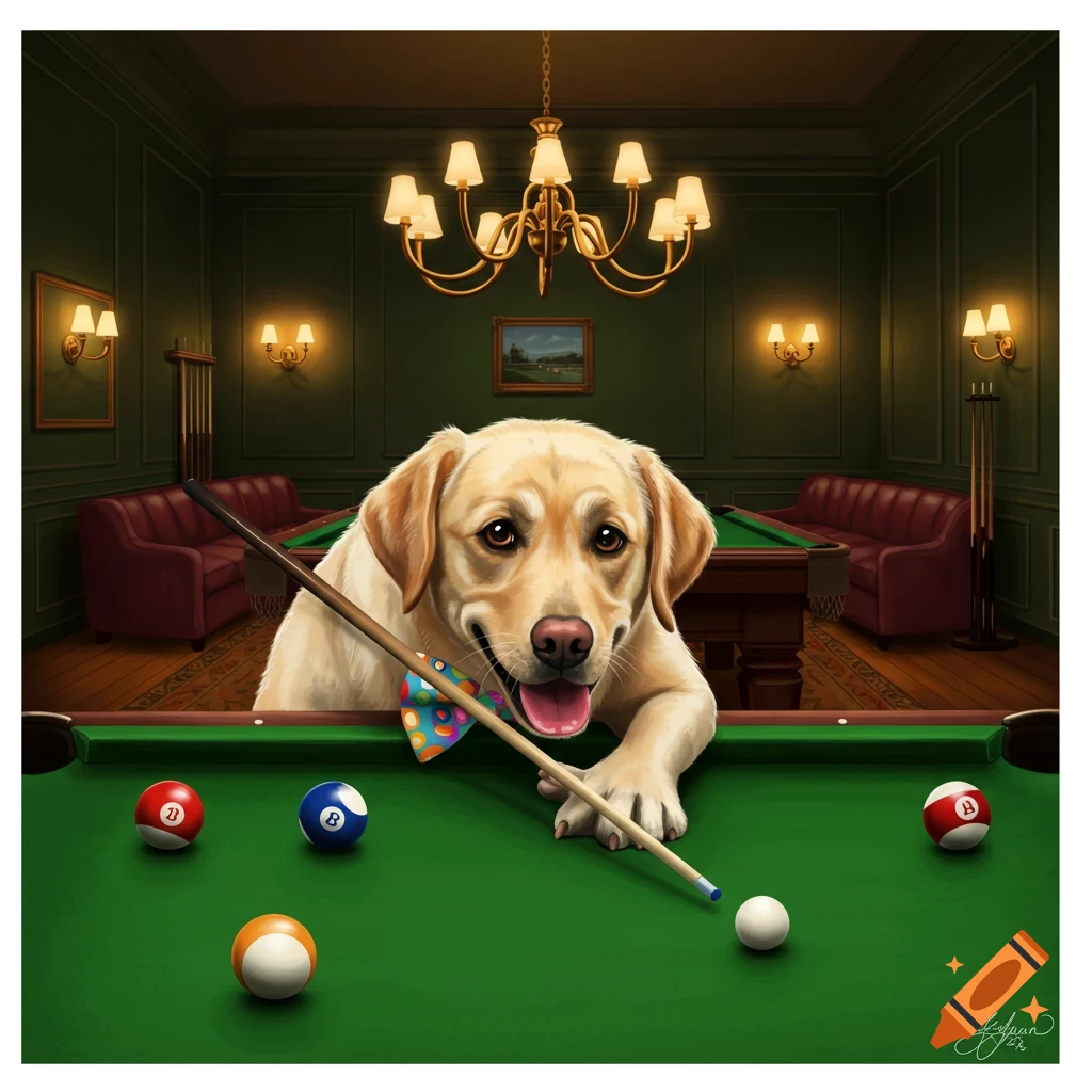 A golden labrador retriever dog leans over a pool table, holding a cue ...