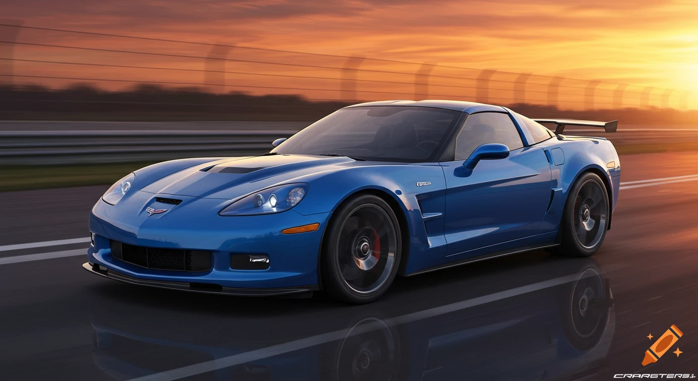 Blue Corvette C6 ZR1 driving on a racetrack at sunset. on Craiyon