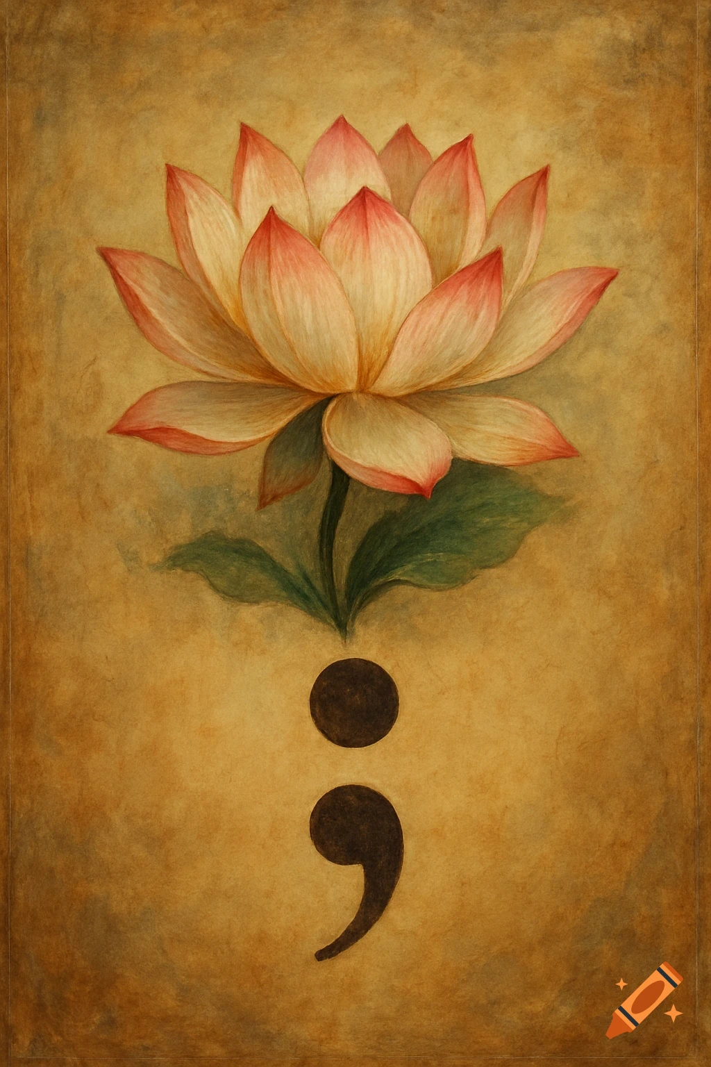 A painted lotus flower sits above a semicolon symbol. on Craiyon