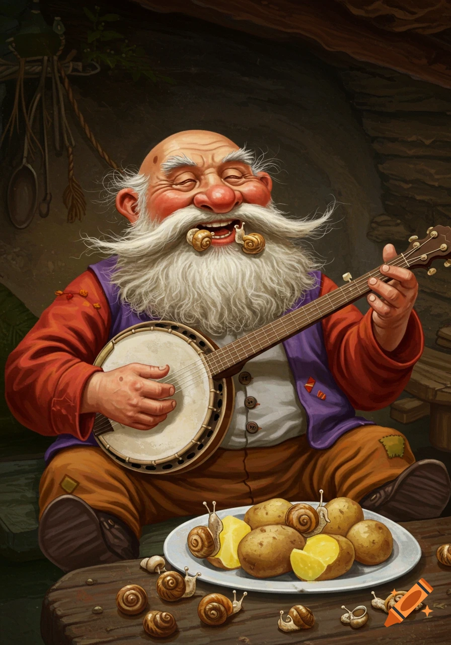 Cartoon man with white beard playing banjo, eating snails and potatoes ...