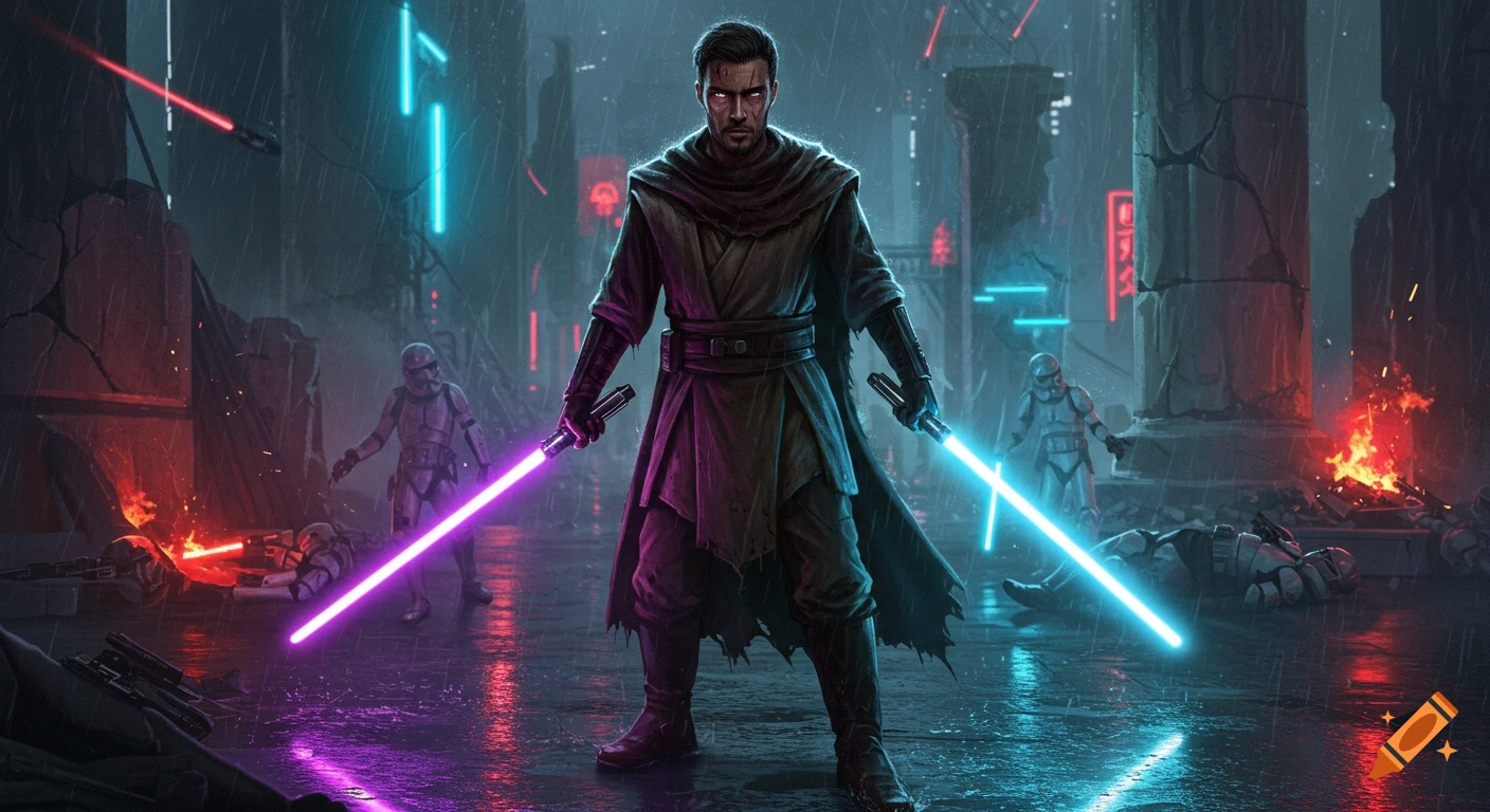 Warrior with dual lightsabers stands in rainy, ruined cityscape over ...