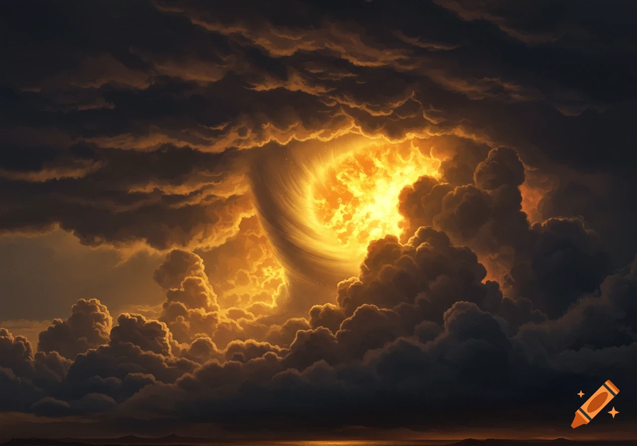 Dramatic stormy sky with a glowing amber fire vortex in thick clouds ...