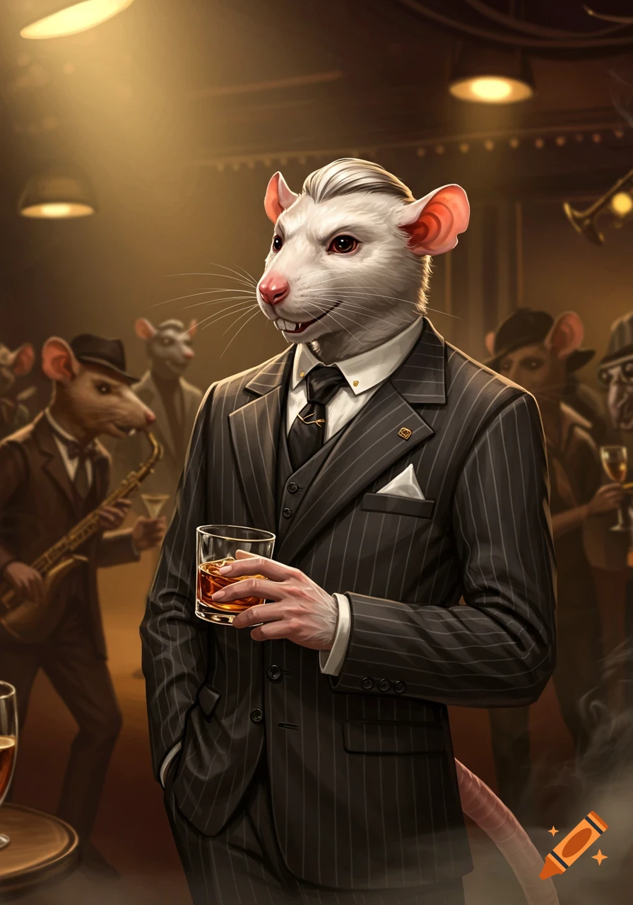 Anthropomorphic rat in pinstripe suit holding a drink in a jazz club ...