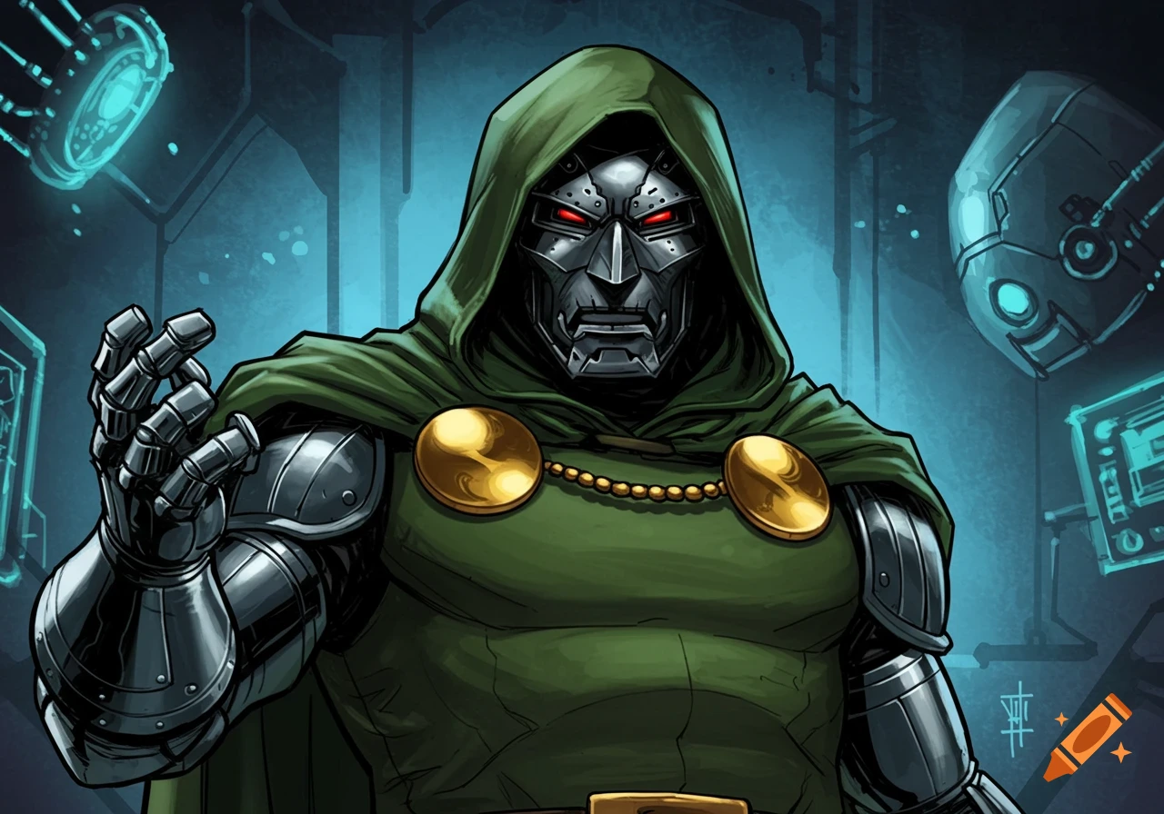 Illustration of Dr. Doom in armor and hood, hand raised, in a dark sci ...