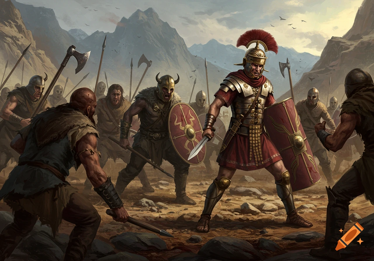 Roman legionary battles barbarians in a mountain landscape ...