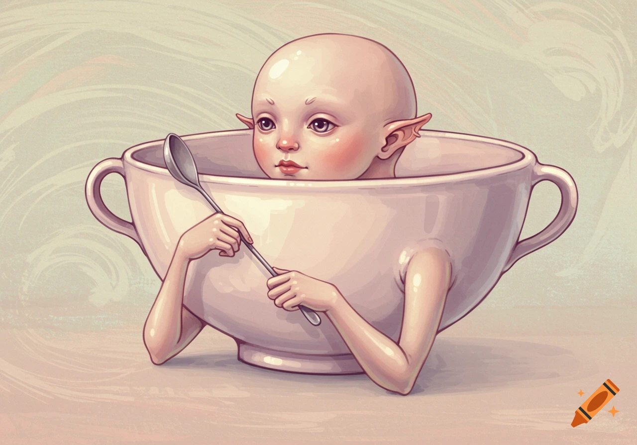 A stylized illustration of a pale, bald creature with elven ears ...