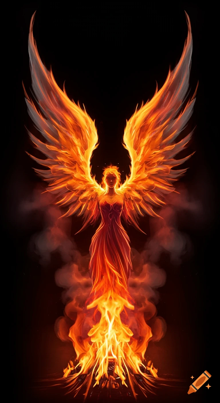 A figure made of fire with large wings stands before flames on a black ...