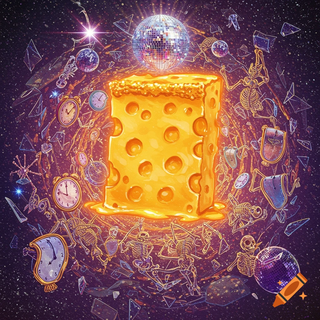 Surreal scene of a melting cheese block in space surrounded by dancing ...
