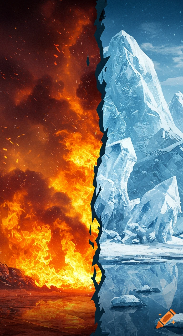 A landscape split down the middle, with fire and lava on the left and ...