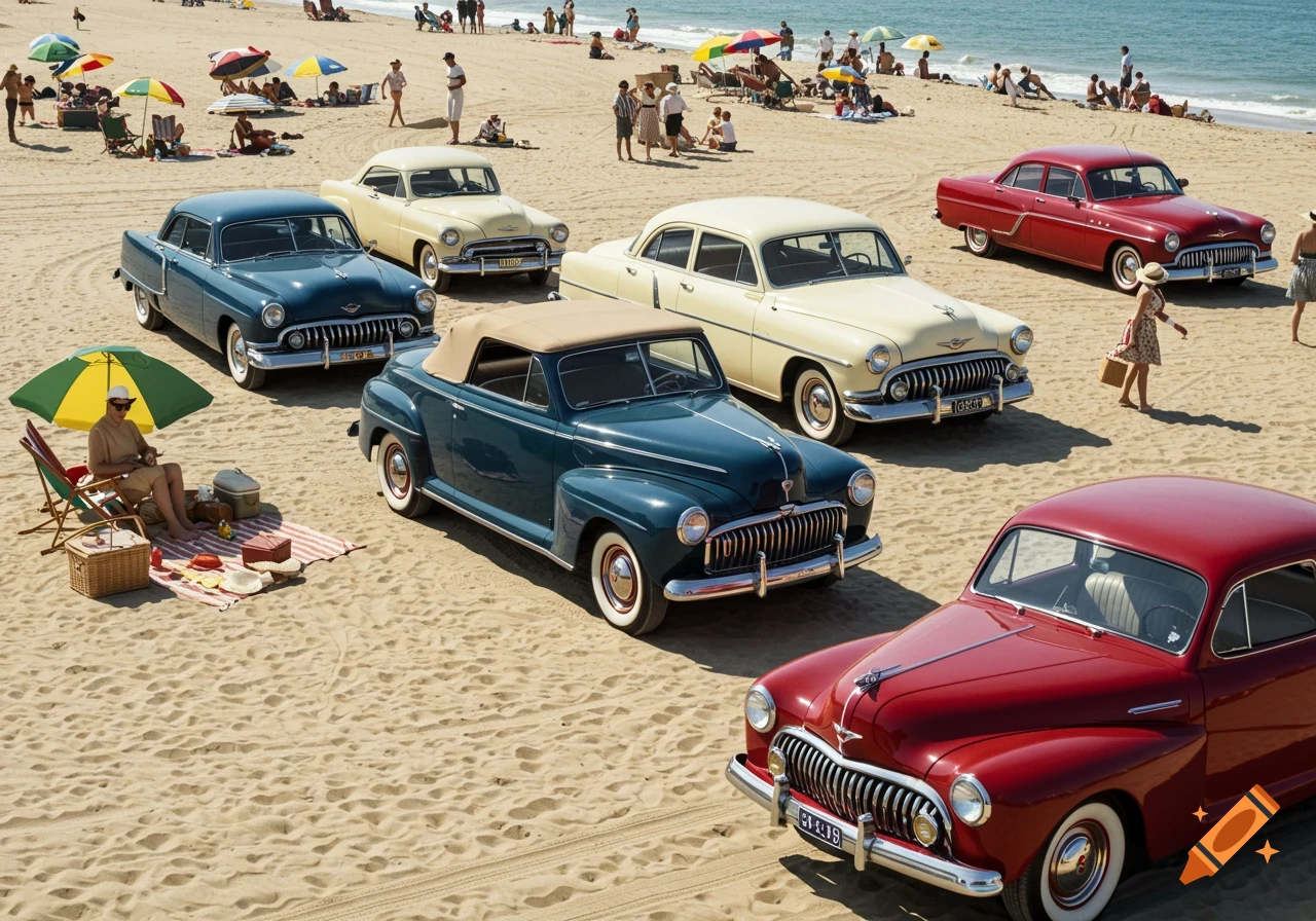 Vintage cars parked on a sunny beach with people relaxing under ...