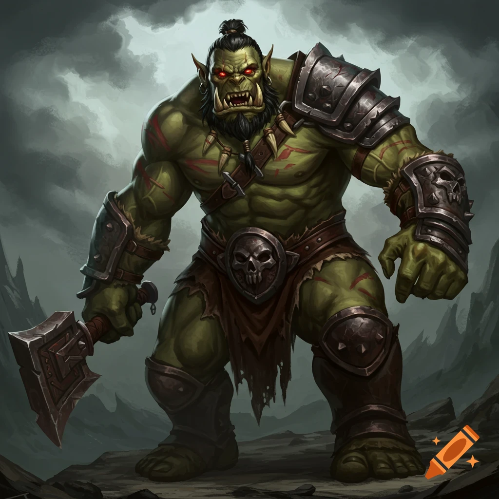 Digital painting of a muscular orc warrior with red eyes and axe ...