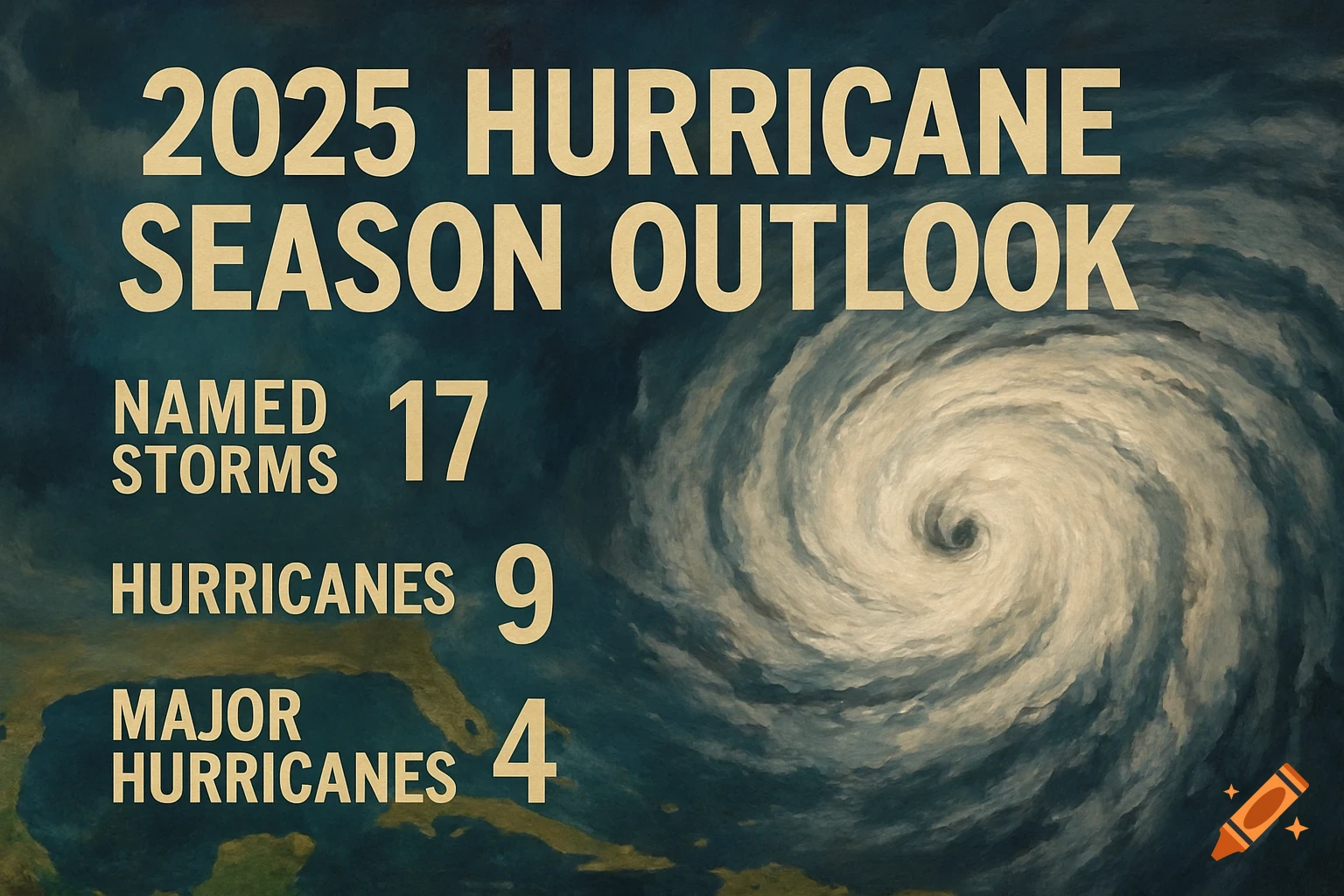 Graphic showing 2025 hurricane season outlook text over an image of a hurricane and map. on Craiyon