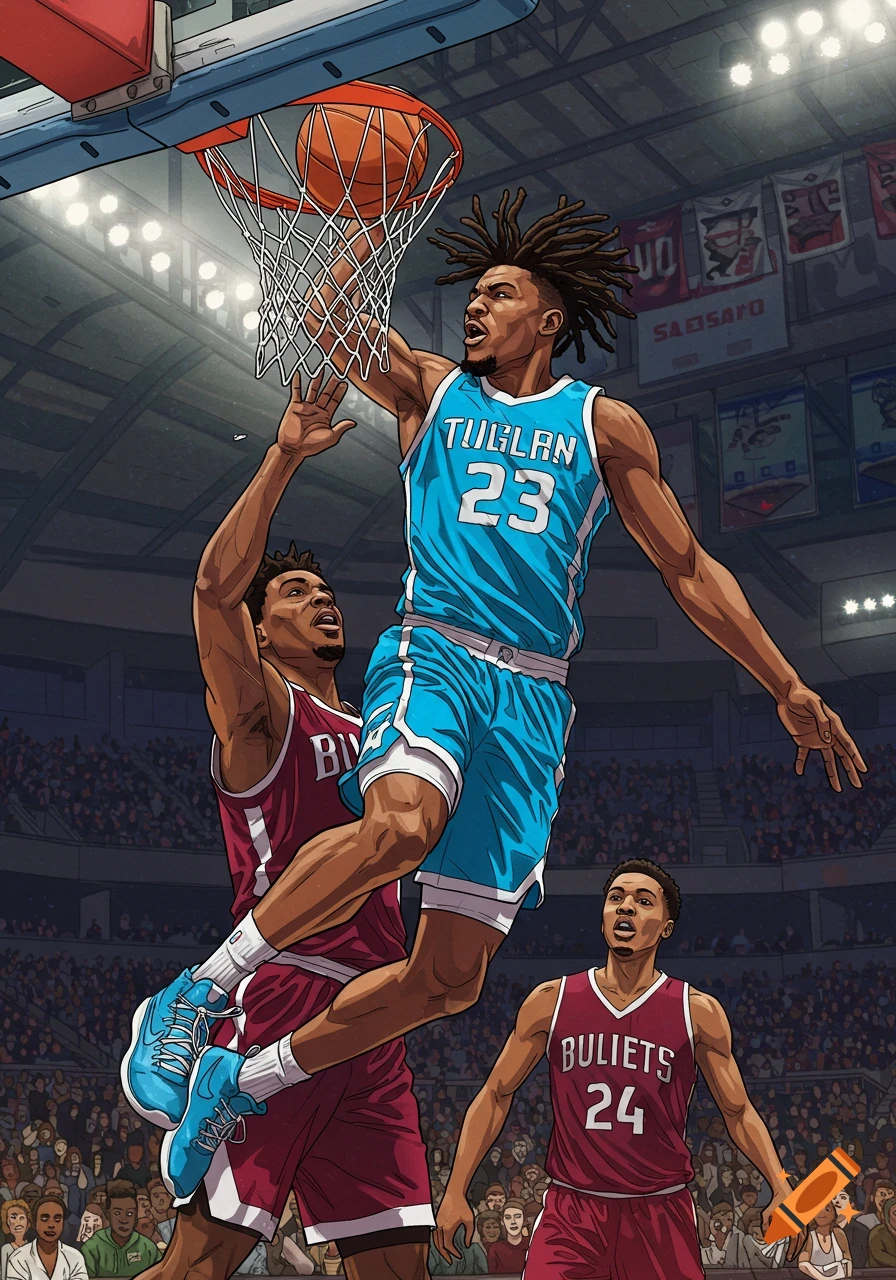 Illustration of a basketball player in a light blue jersey dunking over ...