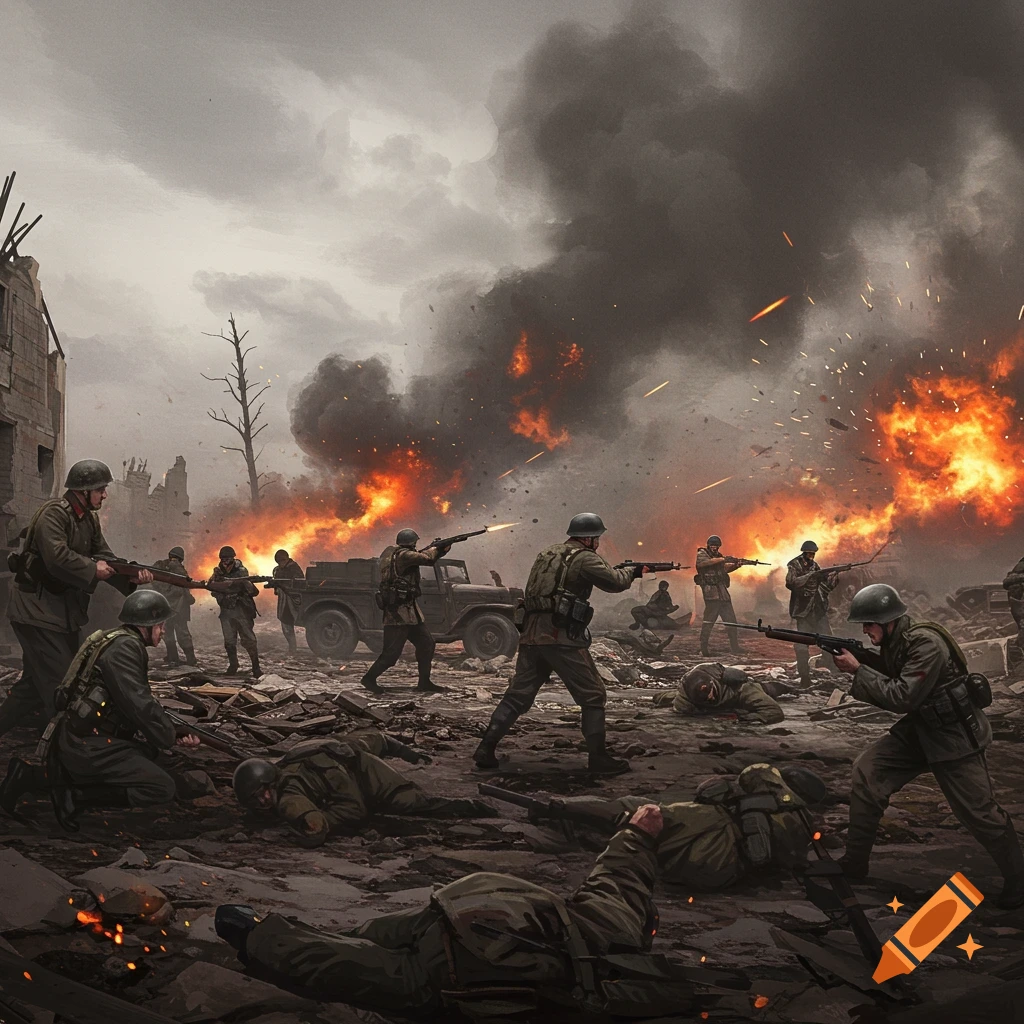 Soldiers fighting in a chaotic battle scene with explosions, smoke, and ...