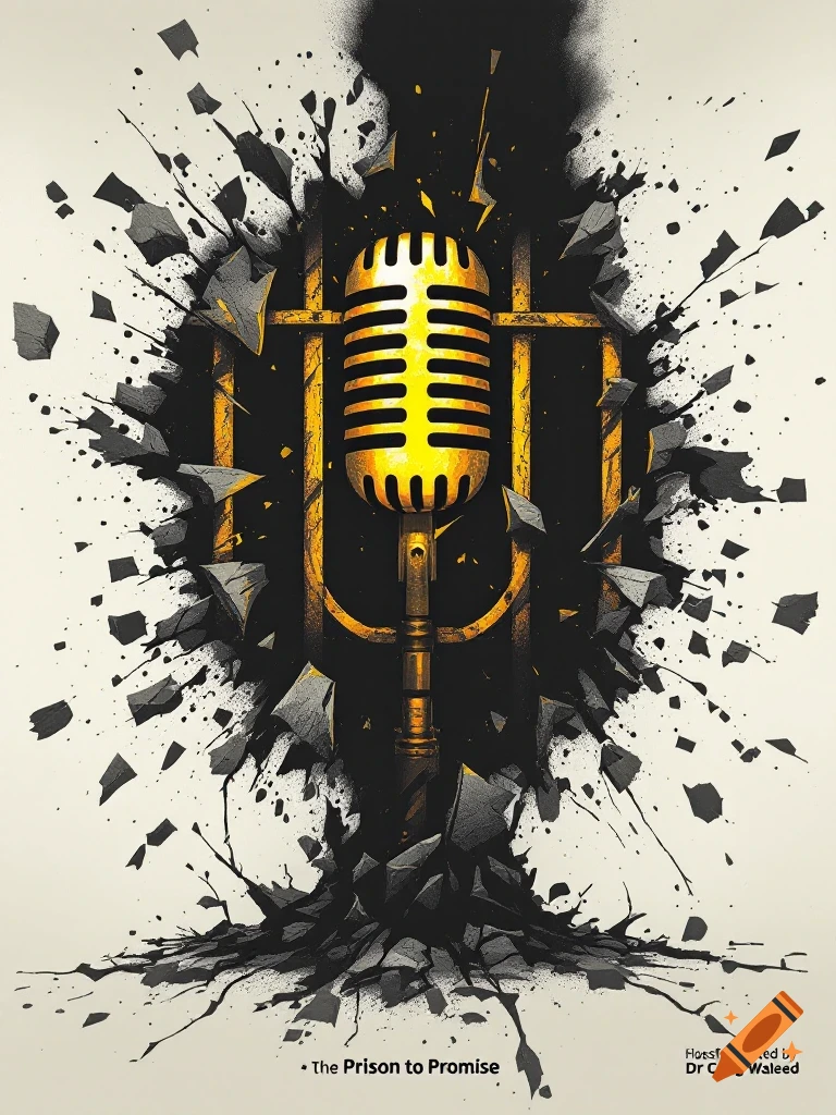 Golden microphone bursting through broken prison bars with dark ...