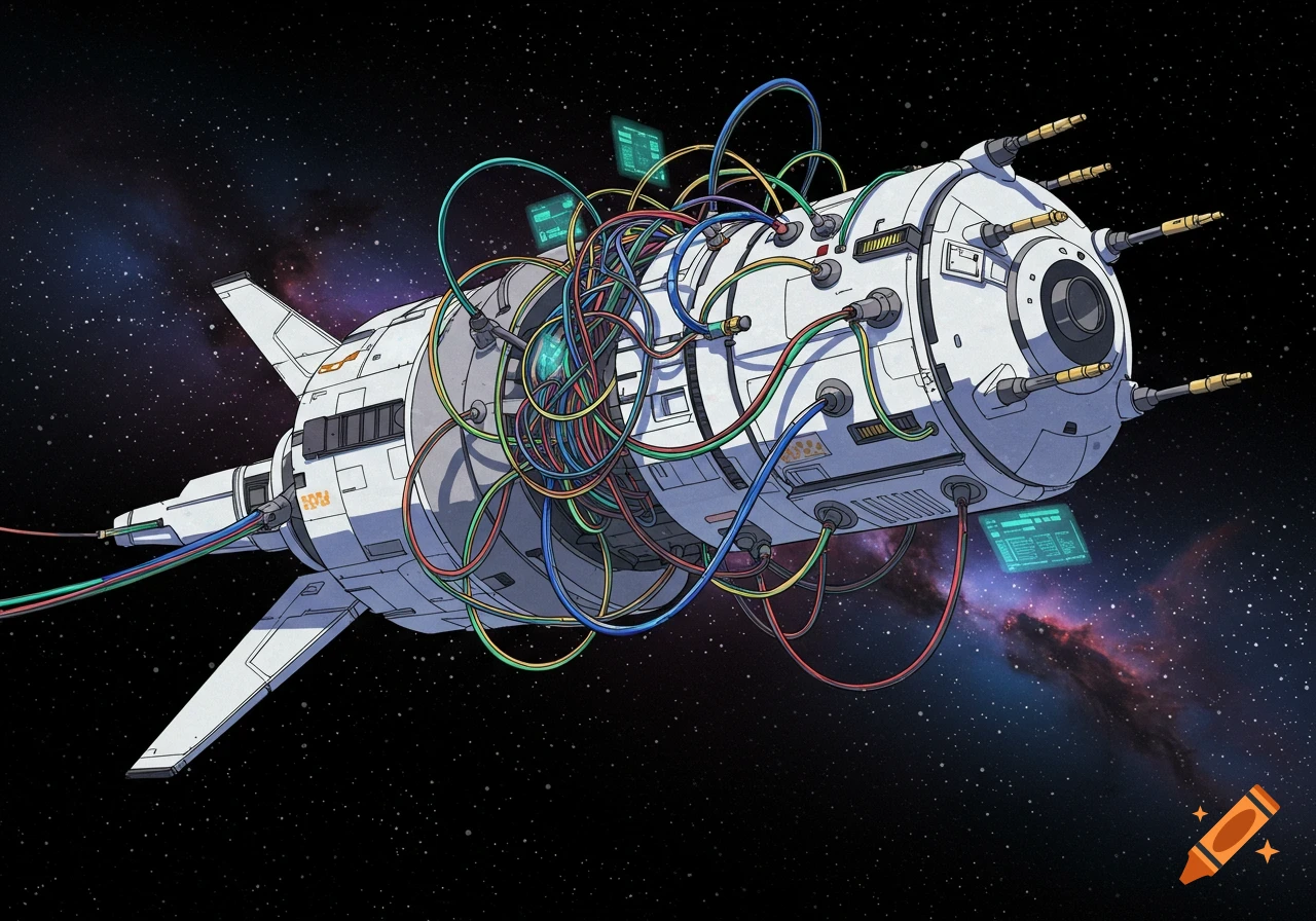 Anime-style sci-fi space module covered in multicolored data cables ...