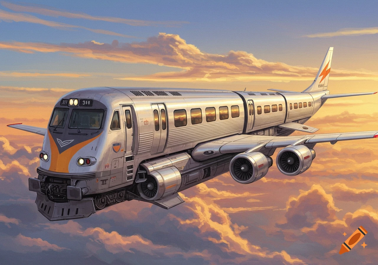 A hybrid vehicle, half train, half airplane, flies through a cloudy sky ...