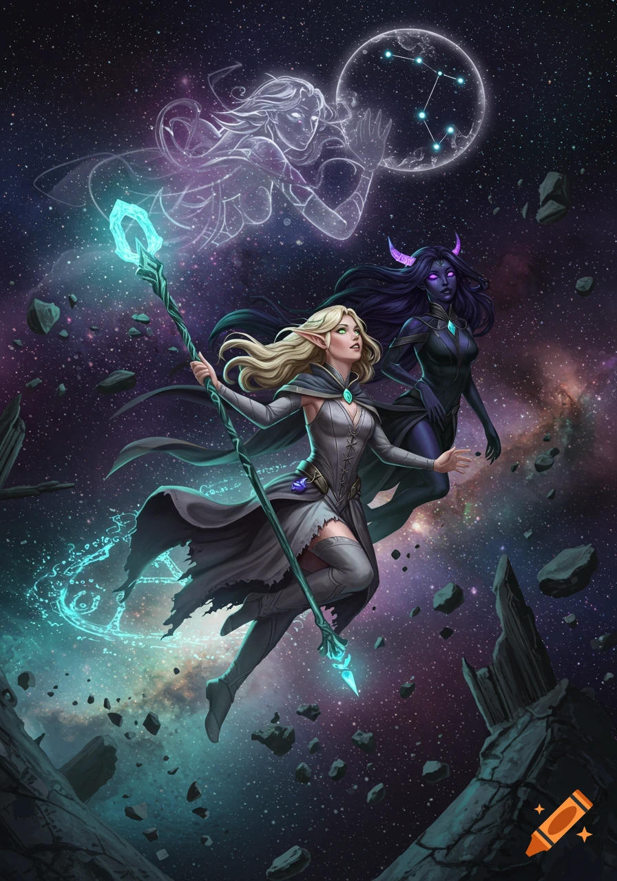 A sorceress with a glowing staff and a dark figure float through space ...